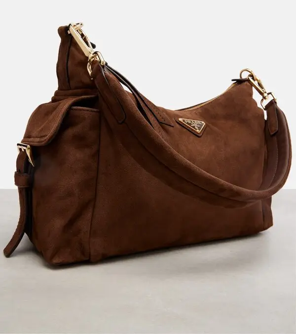 Prada Large Suede Shoulder Bag - Brown