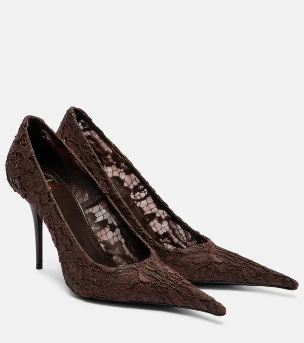 Saint Laurent Thierry 95 Tulle Lace Pumps - Brown
