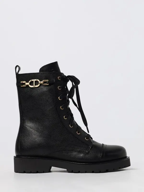 TWINSET Leather Lace-up Combat Boots With Gold-tone Buckle Detail