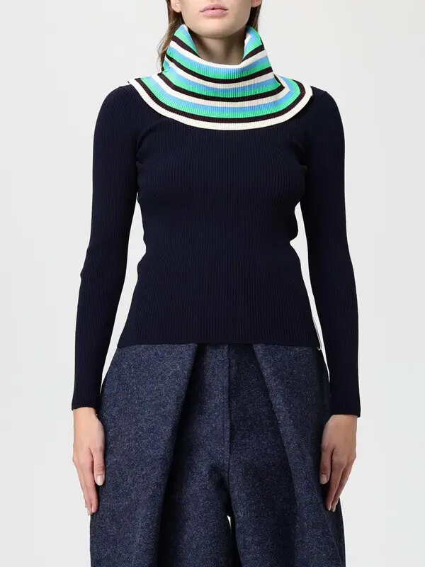 Sunnei Ribbed Knit Top With Striped High Neck - Blue