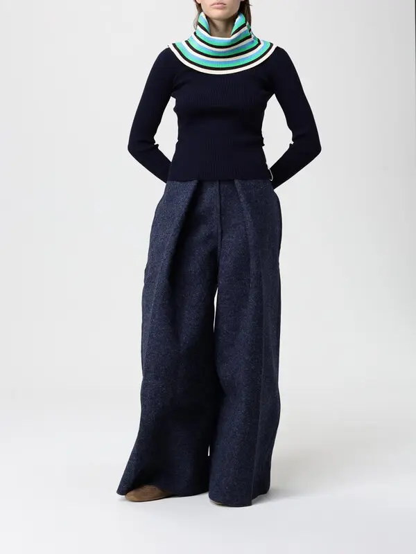 Sunnei Ribbed Knit Top With Striped High Neck - Blue