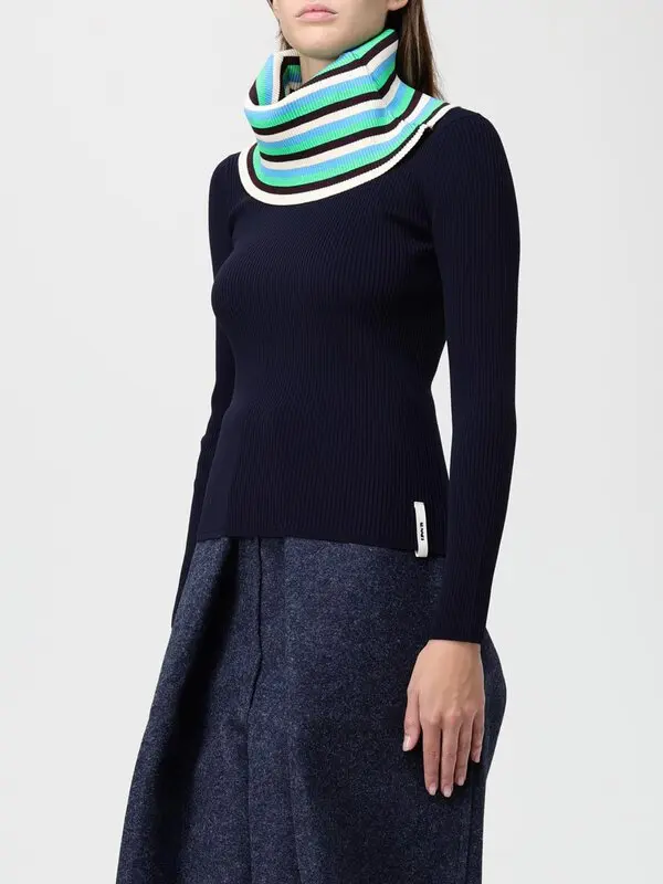 Sunnei Ribbed Knit Top With Striped High Neck - Blue