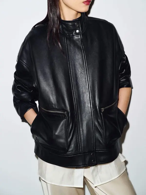 REFORMATION Veda Harrison Leather Oversized Bomber - Black