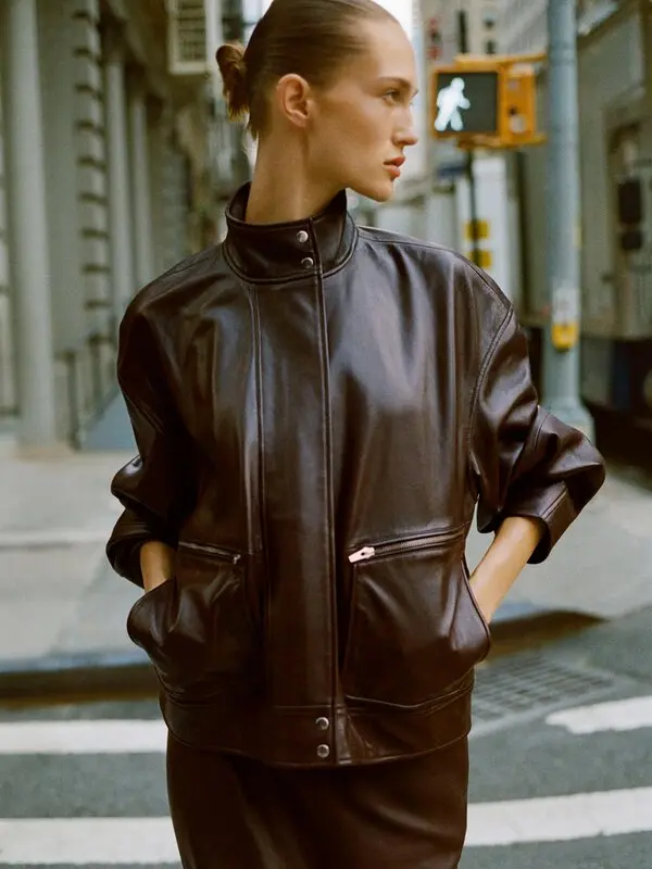 REFORMATION Veda Harrison Leather Oversized Bomber - Brown