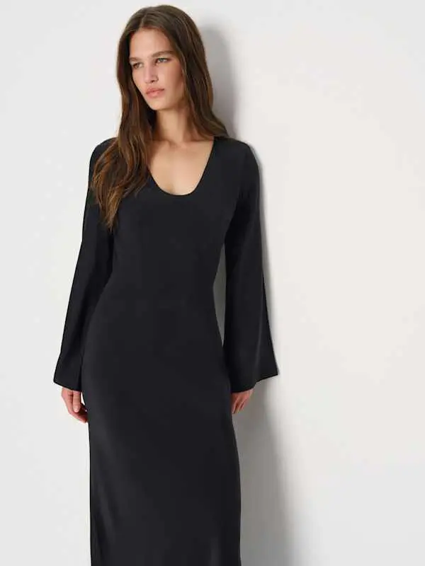 long sleeve long black sequin dress Long Sleeve Beaded Long Formal Dress with Sheer Back