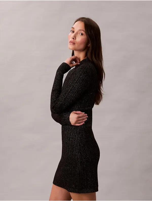 Calvin Klein Lurex Merino Wool Blend Mini Women Sweater Dress - Black