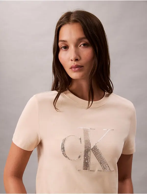 Calvin Klein Classic T-shirt With Sequin Monogram - Tuscan Beige