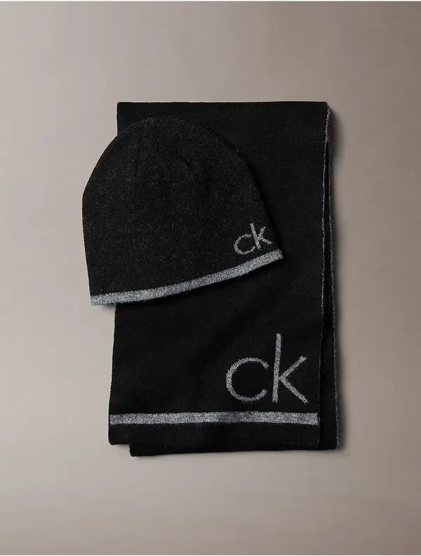 Calvin Klein Monogram Logo Beanie And Scarf Set - Black