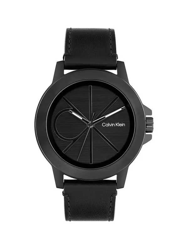 Calvin Klein Emblem Dial Leather Strap Watch - Black