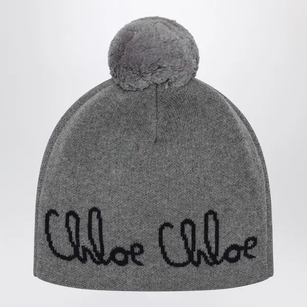 Chloé Pom-pom Beanie With Embroidered Logo - Grey