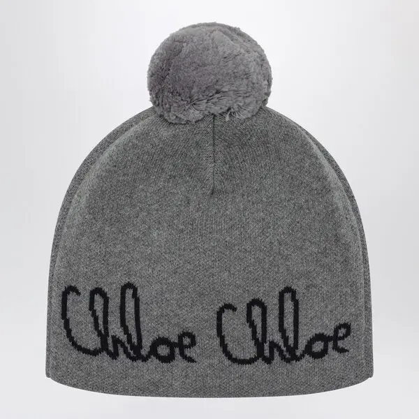 Chloé Pom-pom Beanie With Embroidered Logo - Grey