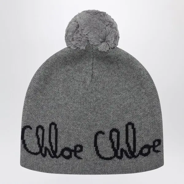 Chloé Pom-pom Beanie With Embroidered Logo - Grey