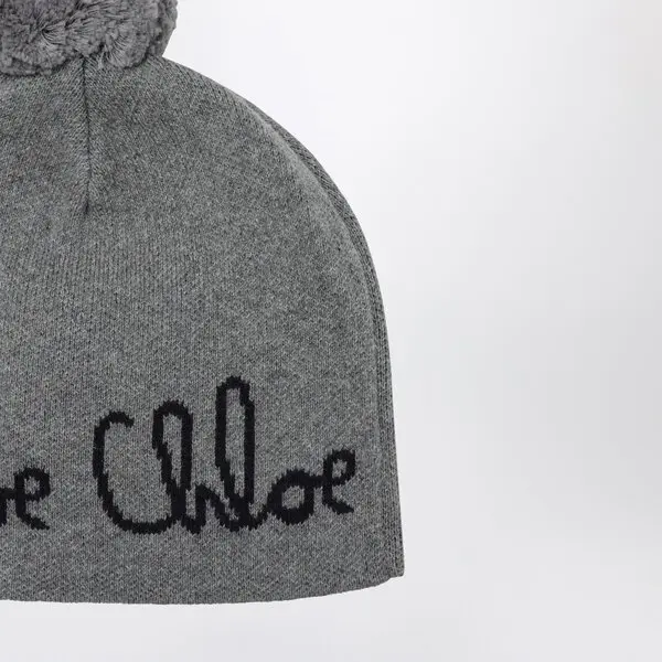 Chloé Pom-pom Beanie With Embroidered Logo - Grey