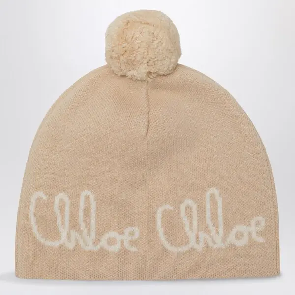 Chloé Pom-pom Beanie With Embroidered Logo - Beige