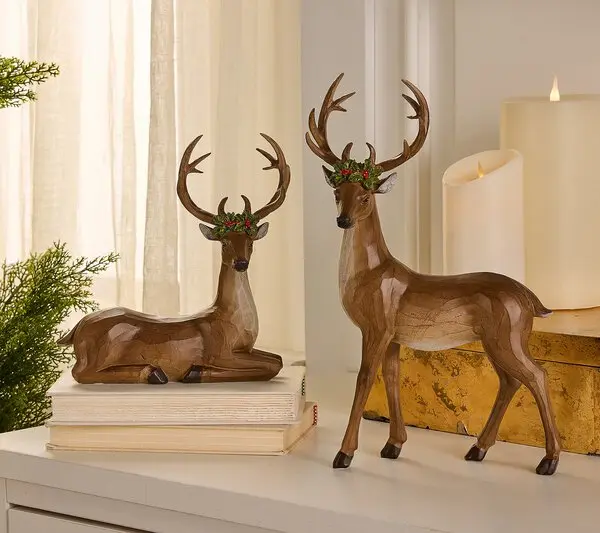 VALERIE PARR HILL As Is 2-piece Deer Figures With Holly Valerie - One-color