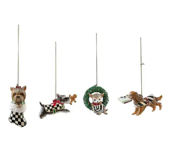 MACKENZIE-CHILDS Check It Out Dog Ornaments, Se T Of 4 - One-color