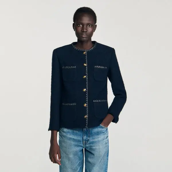 Sandro Tweed Jacket With Removable Collar - Navy Blue