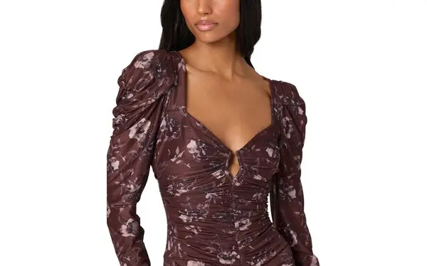 Astr The Label Long Sleeve Mesh Ruched Midi Dress In Burgundy Floral - 40%  Off | Editorialist