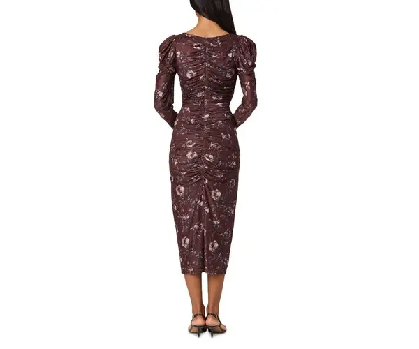 Astr The Label Long Sleeve Mesh Ruched Midi Dress In Burgundy Floral - 40%  Off | Editorialist