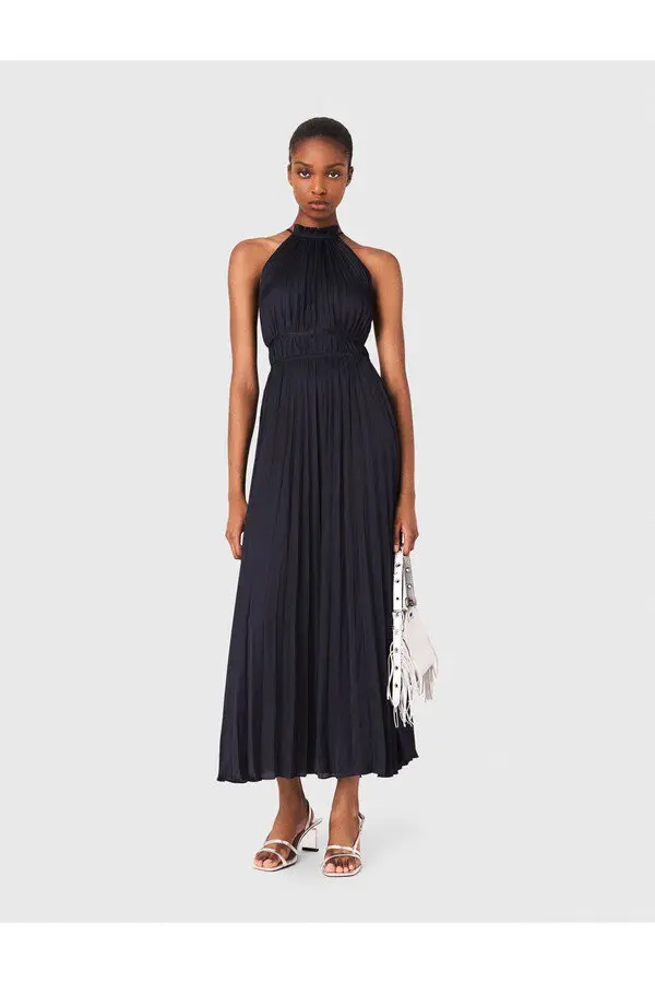 navy blue dress for baby girl Women's 3/4 Sleeve Crewneck Pleated A Line Dresses Swing Casual Maxi Dress  With Pockets