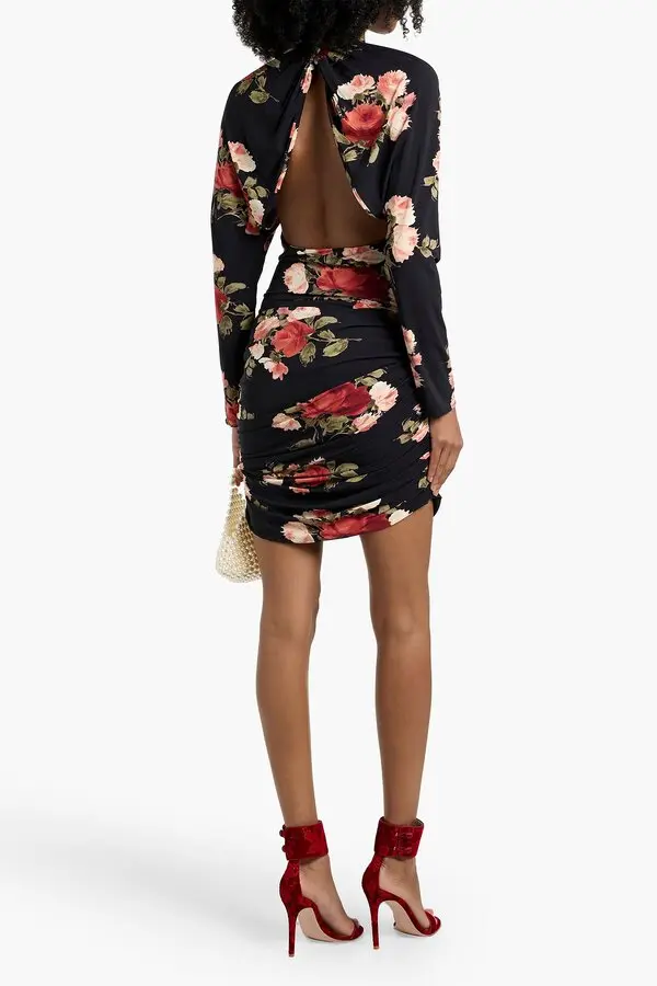 Magda Butrym Floral-print Stretch-jersey Mini Dress With Cutout - Black