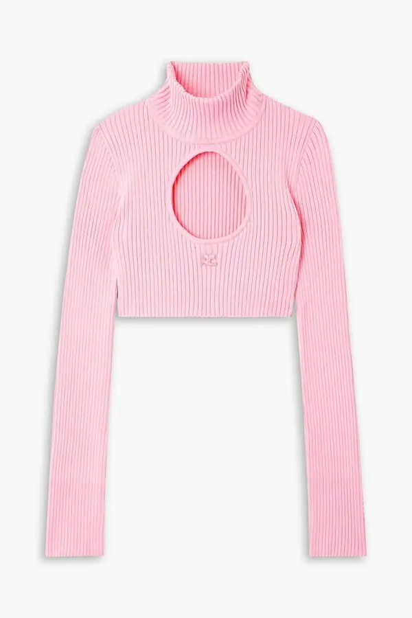 COURREGES Cropped Cutout Ribbed-knit Turtleneck Sweater