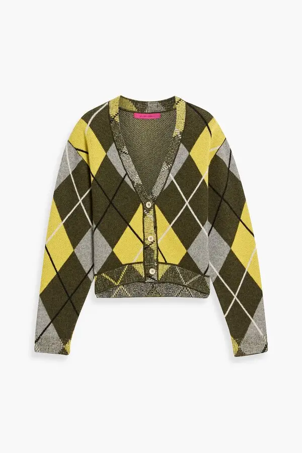 THE ELDER STATESMAN Argyle Intarsia Cashmere Cardigan - Army Green