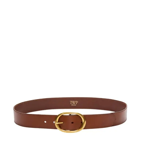 TWP Wide Belt In Leather With Brass Buckle - Cognac
