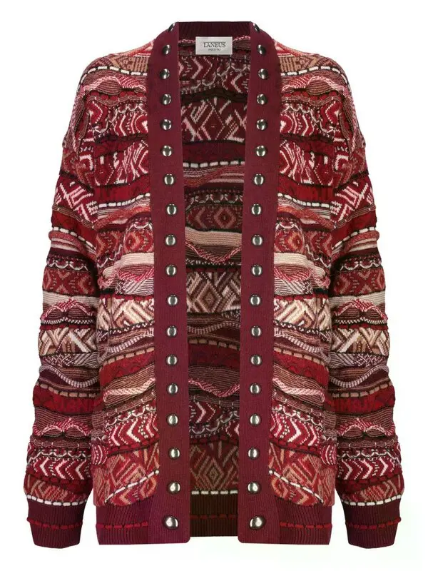 LANEUS Studded Patterned Cardigan - Red