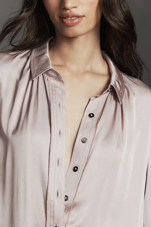 PILCRO Longline Silky Buttondown Shirt - Blush Pink