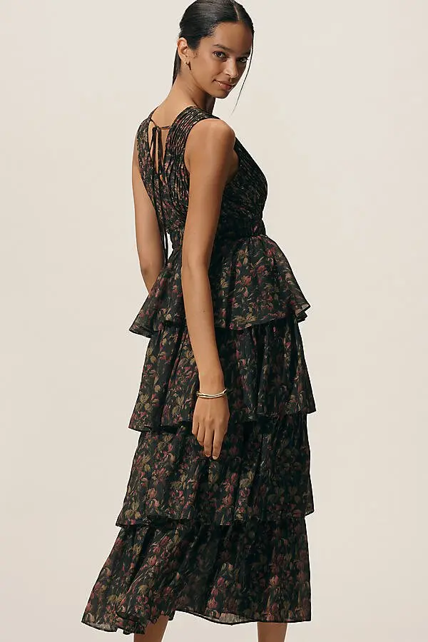 Sleeveless V-neck Tiered Midi Dress