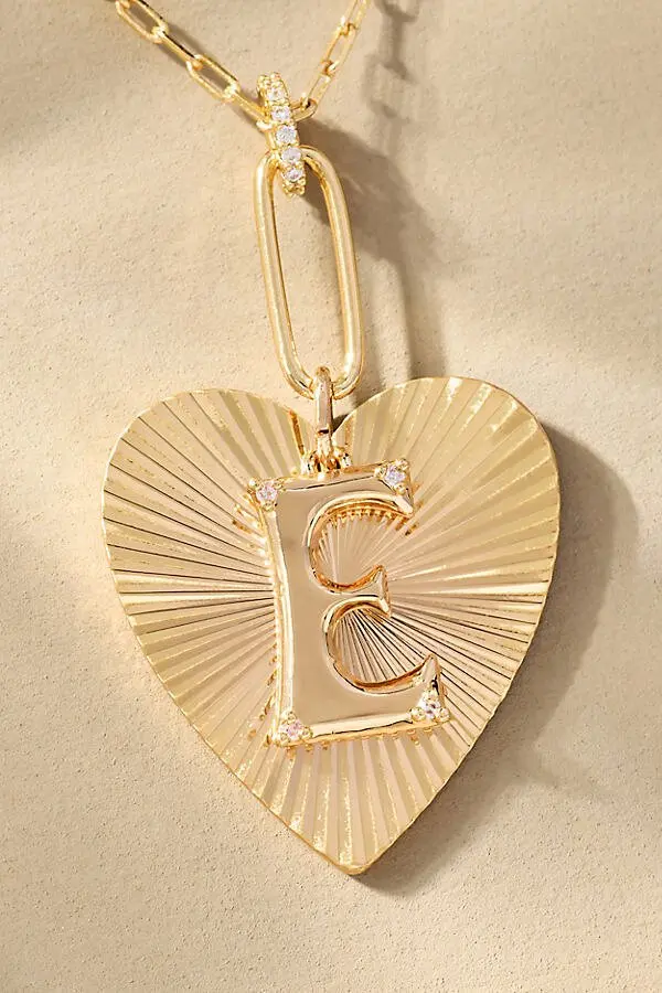Anthropologie Fluted Heart Pendant Monogram Necklace - E