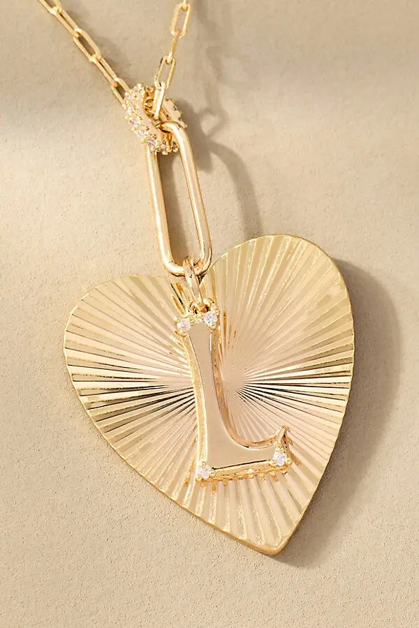 Anthropologie Fluted Heart Pendant Monogram Necklace - L