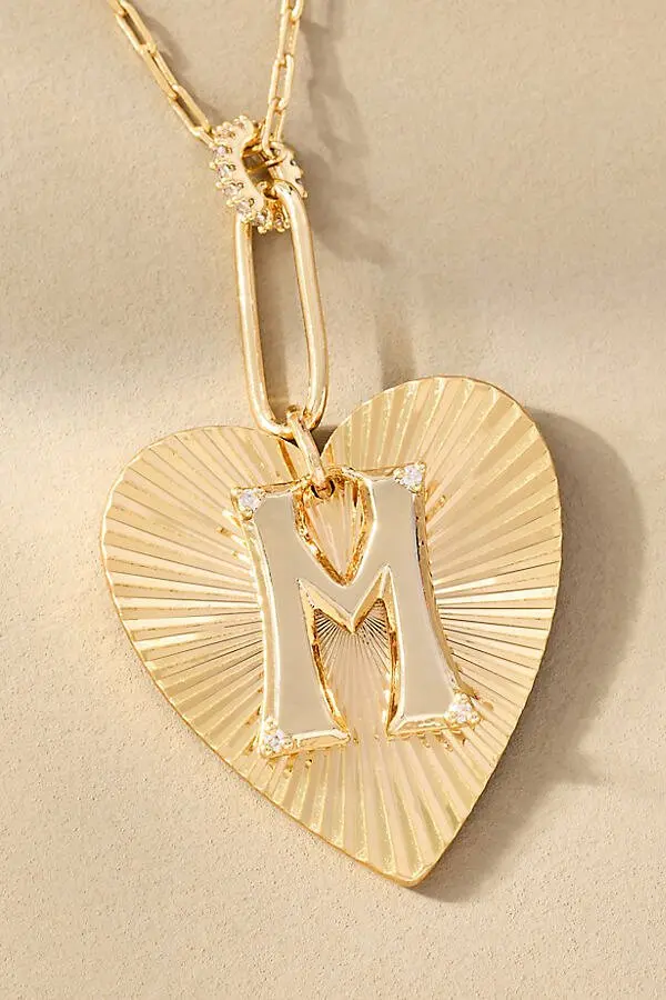 Anthropologie Fluted Heart Pendant Monogram Necklace - M