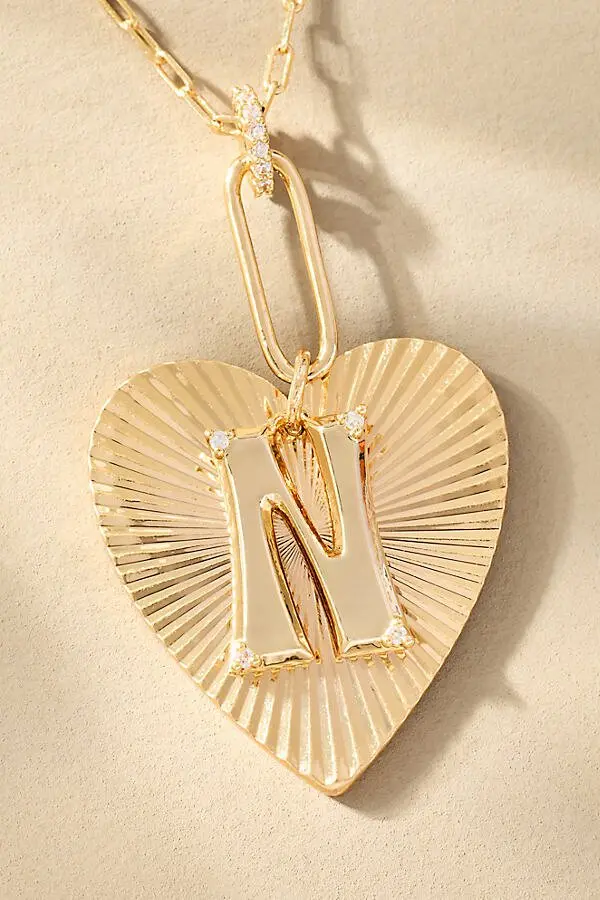 Anthropologie Fluted Heart Pendant Monogram Necklace - N