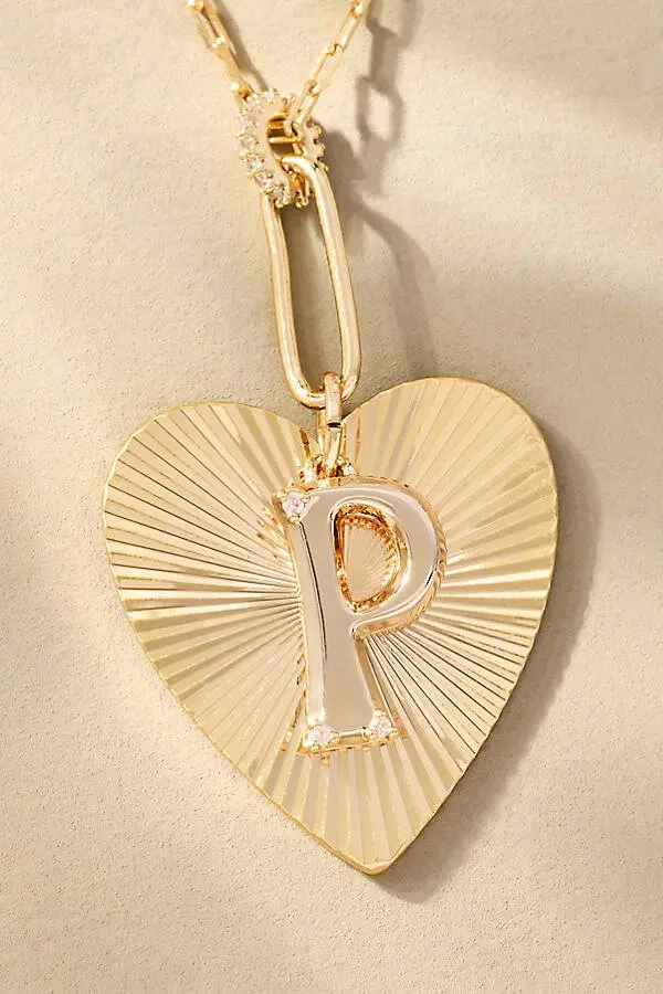 Anthropologie Fluted Heart Pendant Monogram Necklace - P
