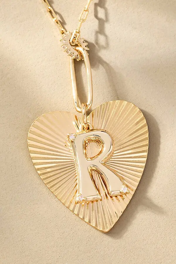 Anthropologie Fluted Heart Pendant Monogram Necklace - R