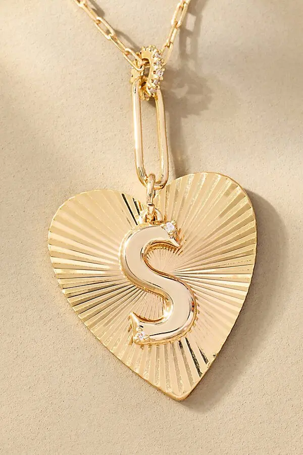 Anthropologie Fluted Heart Pendant Monogram Necklace - S
