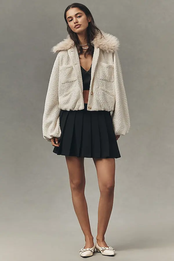 Maeve Faux Fur Collar Boucle Bomber Jacket