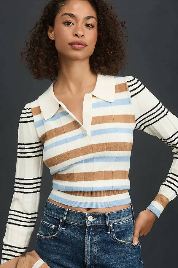 ROWING BLAZERS Long-sleeve Knit Jacquard Polo Top - Beige Blue Stripe