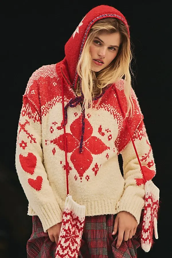 Free People Mythical Knit Quarter Zip Sweater - Vanilla Scarlet Combo