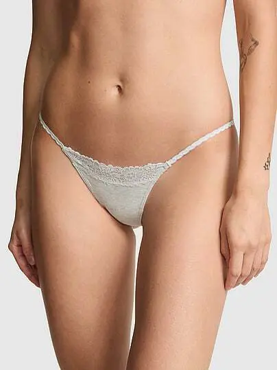 Pink Cotton Lace-trim Micro Thong Panty - Grey
