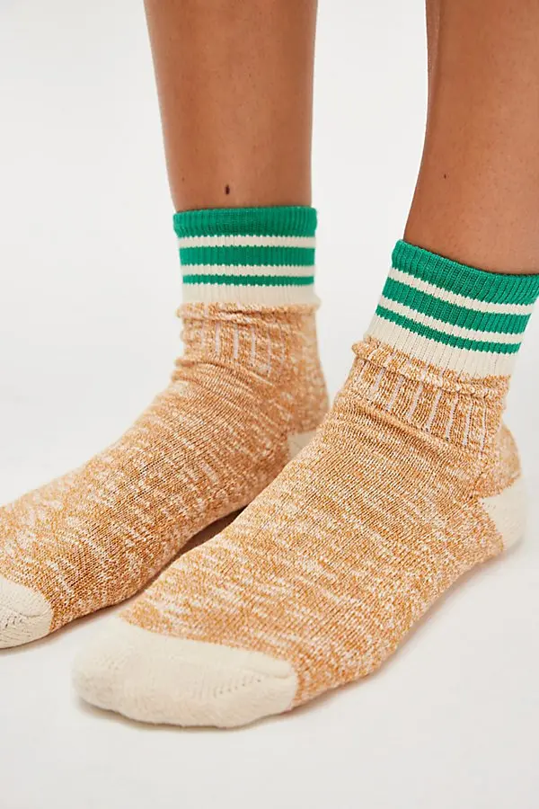 IVY ELLIS The Gairloch Socks - Tan Slub/green Stripe