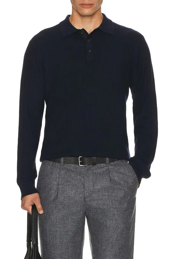Rag & Bone Crawford Cashmere Blend Long Sleeve Polo - Navy