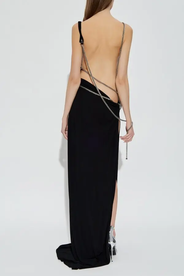 chinese dress ladies 2006 Dsquared2 Platinum Silk Jeweled Backless Trained Glamour Gown