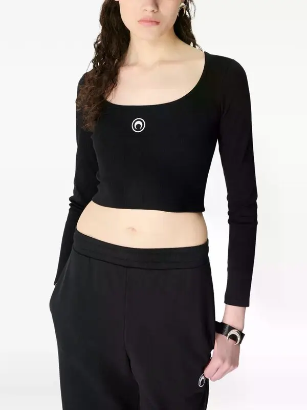 MARINE SERRE Logo-embroidered Ribbed Jersey Top - Black