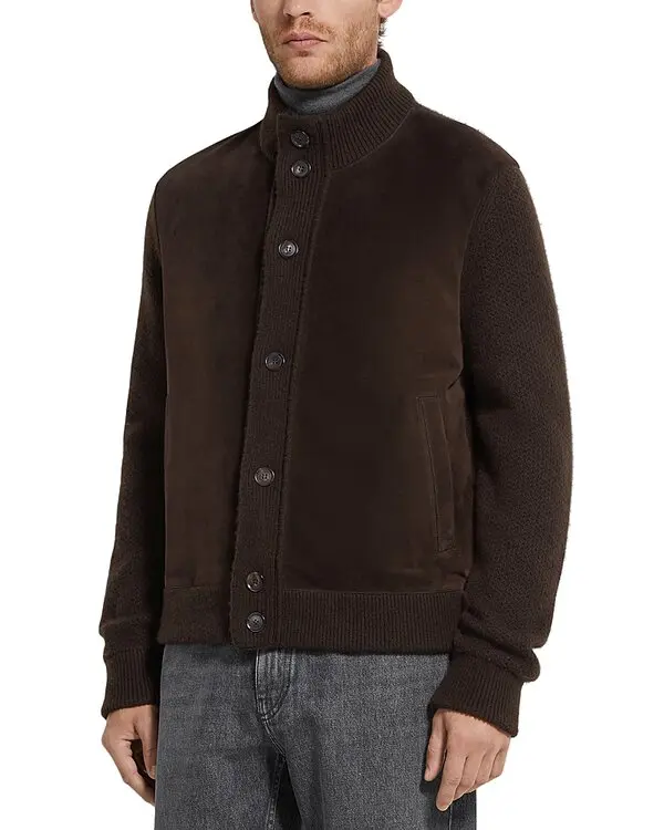 Zegna Oasi Cashmere & Suede Melange Shirt Jacket - Dark Brown Mélange
