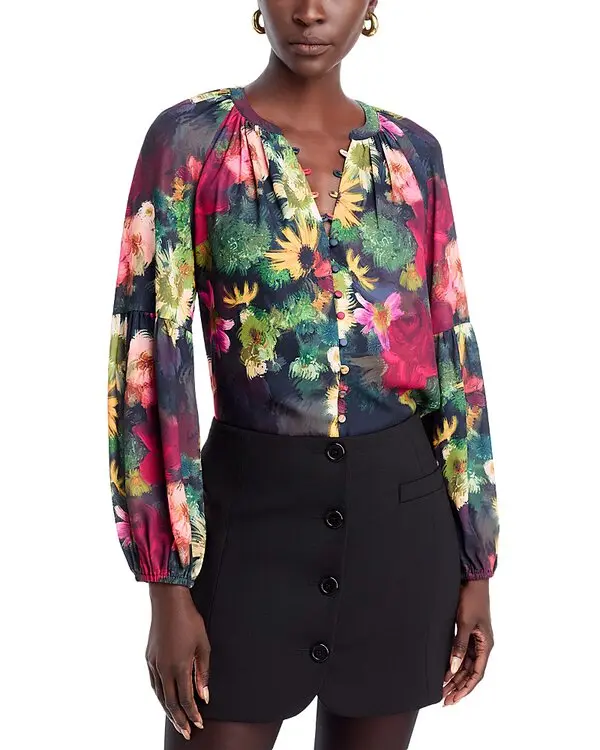 T Tahari Floral Split Neck Button Down Blouse