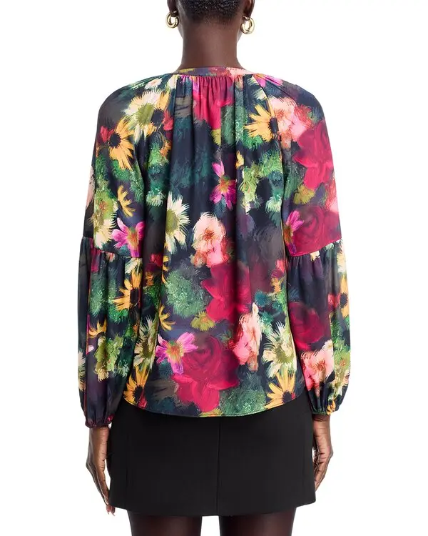T Tahari Floral Split Neck Button Down Blouse