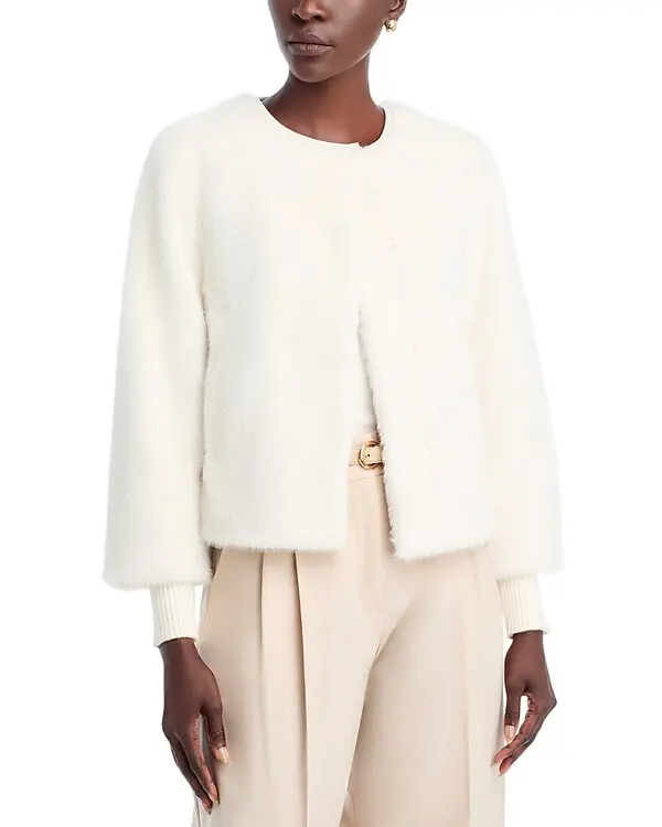T Tahari Faux Fur Knit Cuff Jacket - Soft Ivory